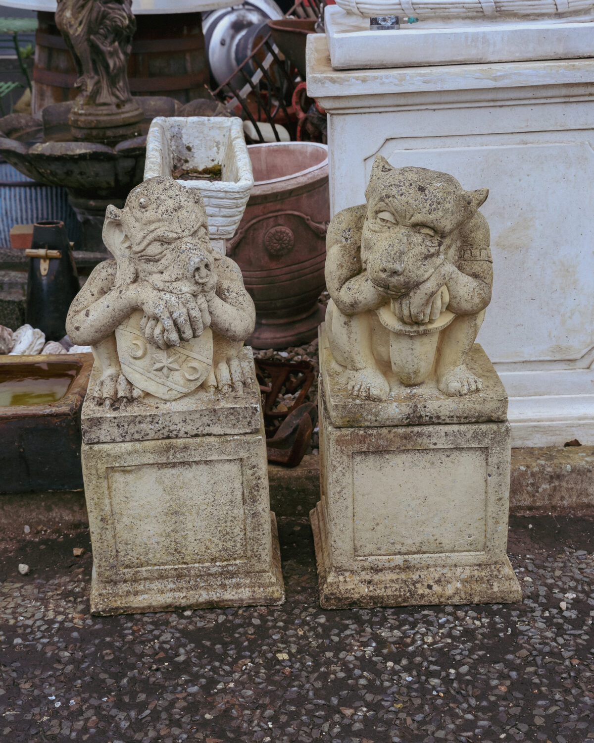 Pair of Stone Gargoyles on Plinths - On The Square Emporium