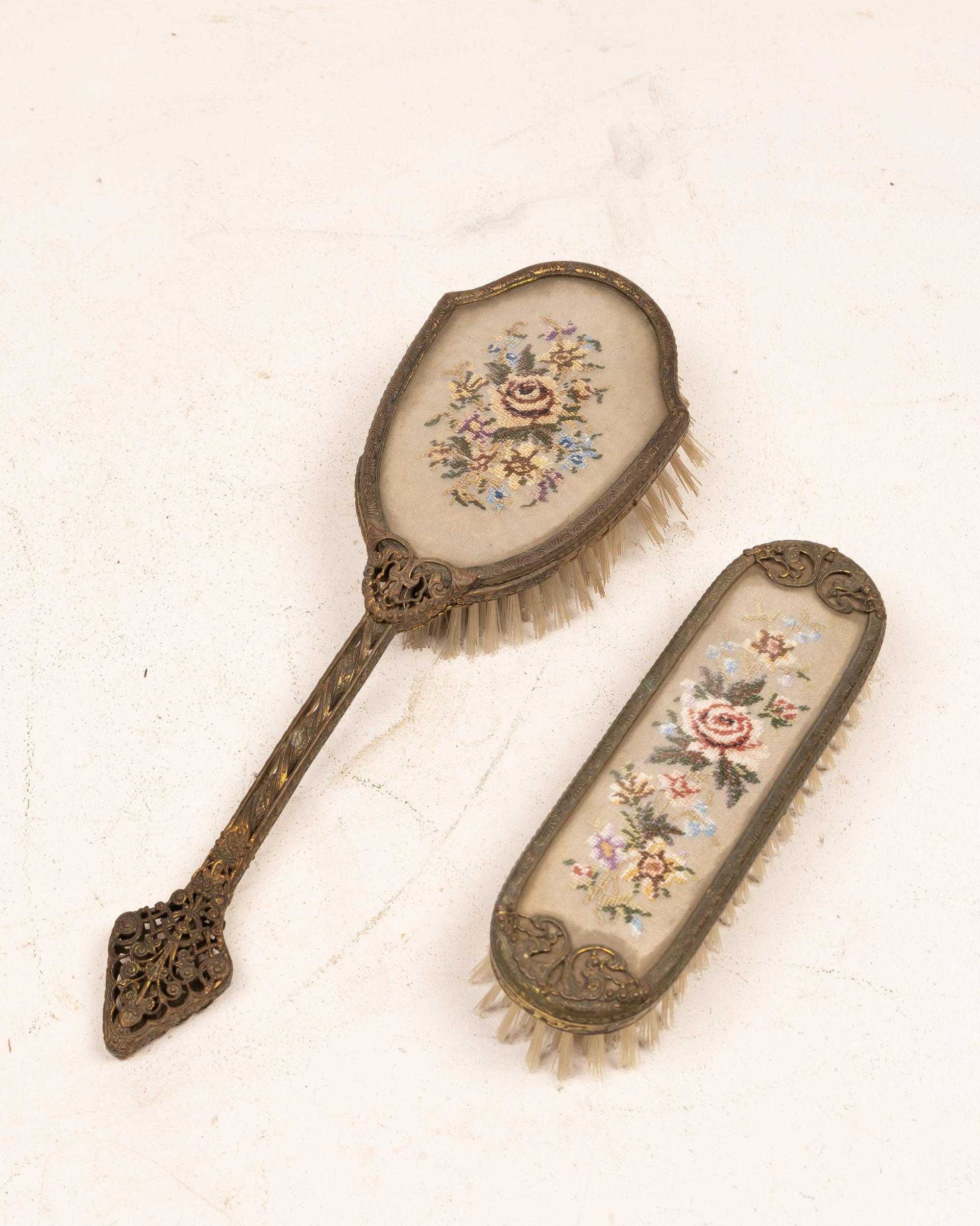 Antique Floral Needlepoint Brush Set - On The Square Emporium