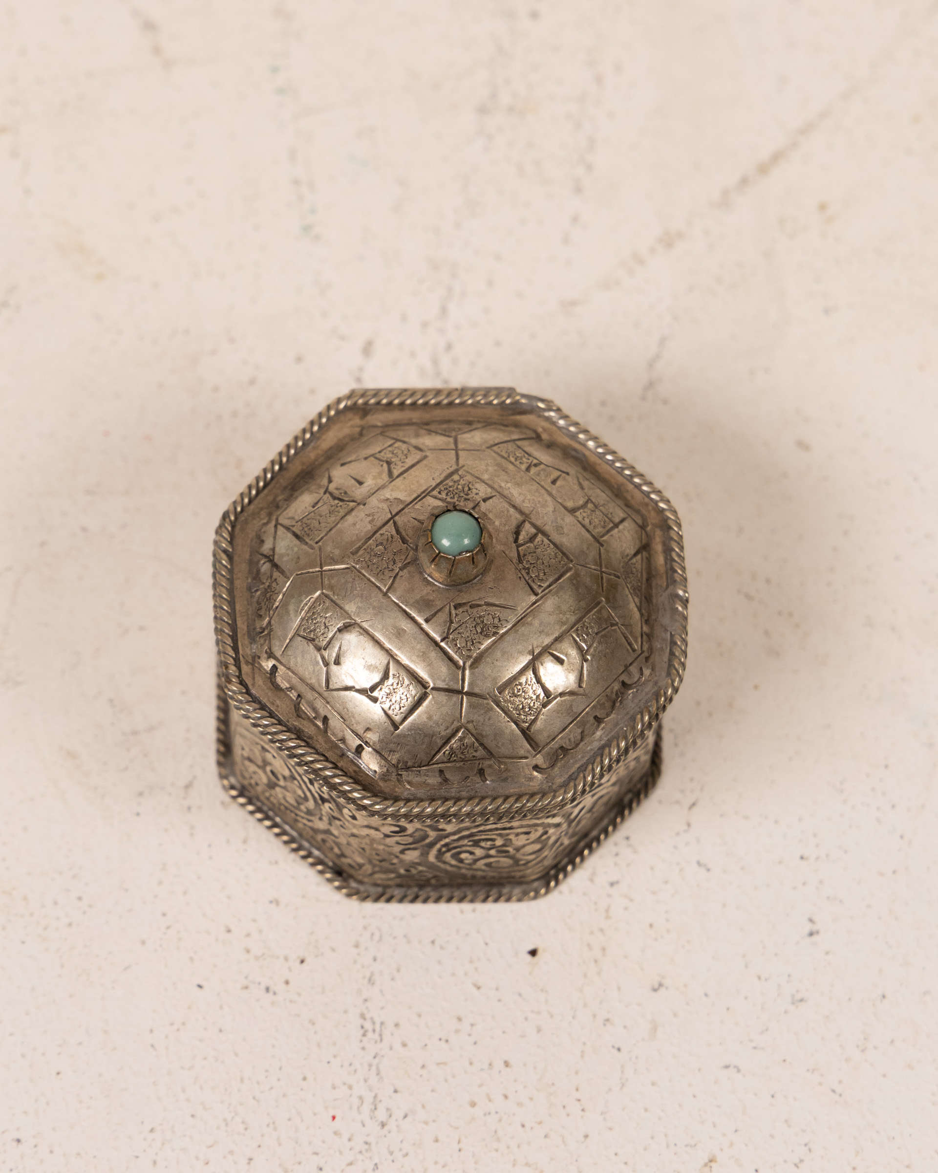 Vintage Silver Tone Metal Trinket Box with Turquoise Accent - On The ...