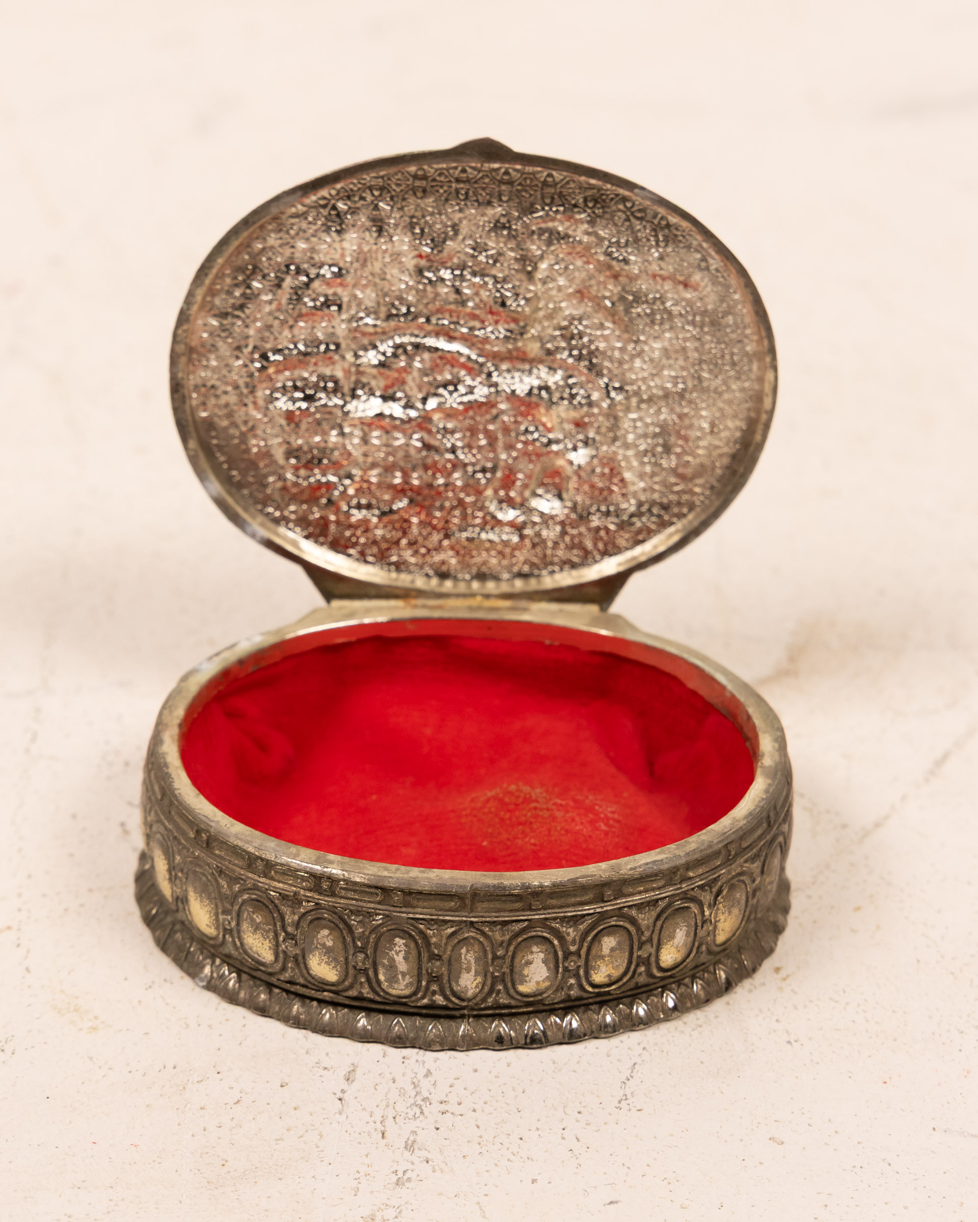 Vintage Metal Trinket Box w/ Red Velvet Lining - On The Square Emporium