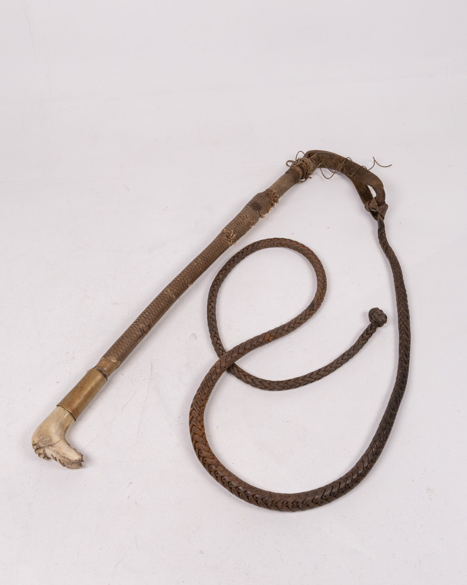 Antique Leather Whip with Bone Handle - On The Square Emporium