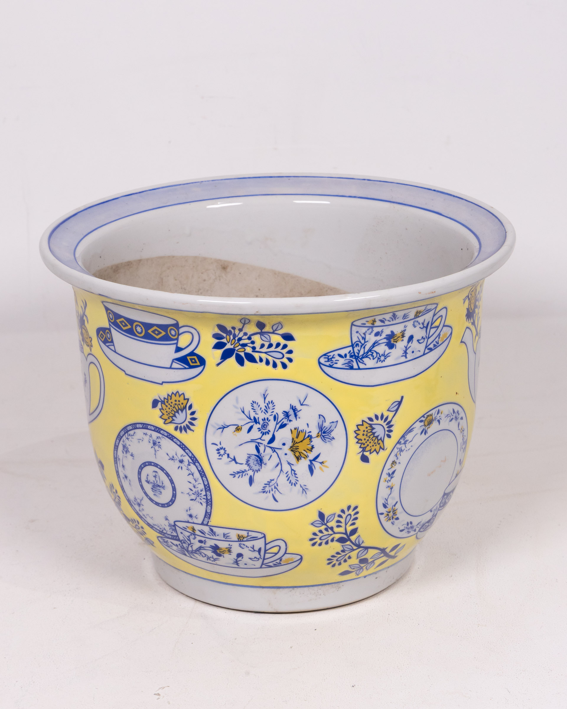 Vintage Ceramic Yellow Planter Pot with Blue and White Tea Set Design ...