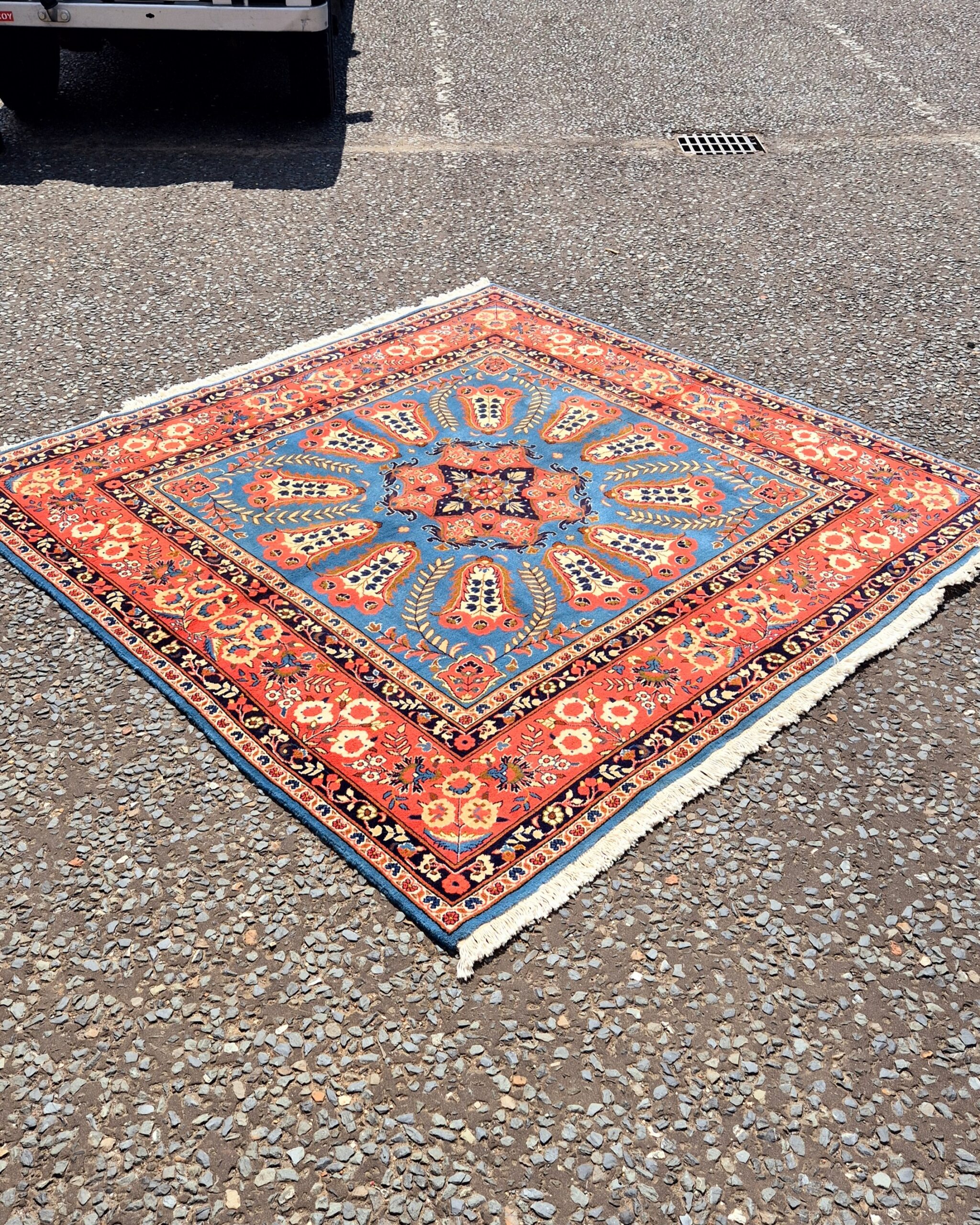 FR18 Persian Blue Ground Square Rug with Red Floral Design and Border ...
