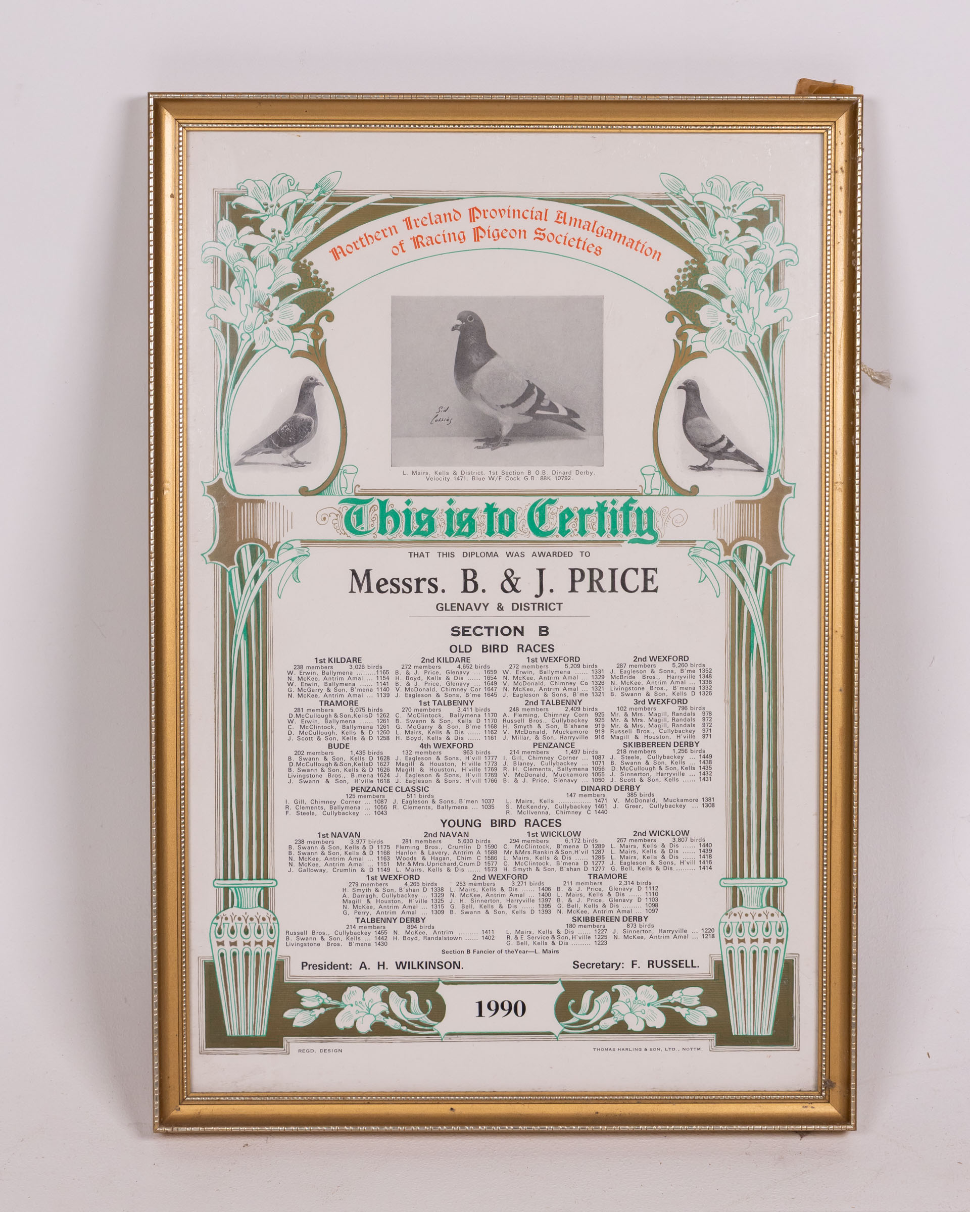 Framed 1990 Northern Ireland Pigeon Racing Certificate - On The Square ...