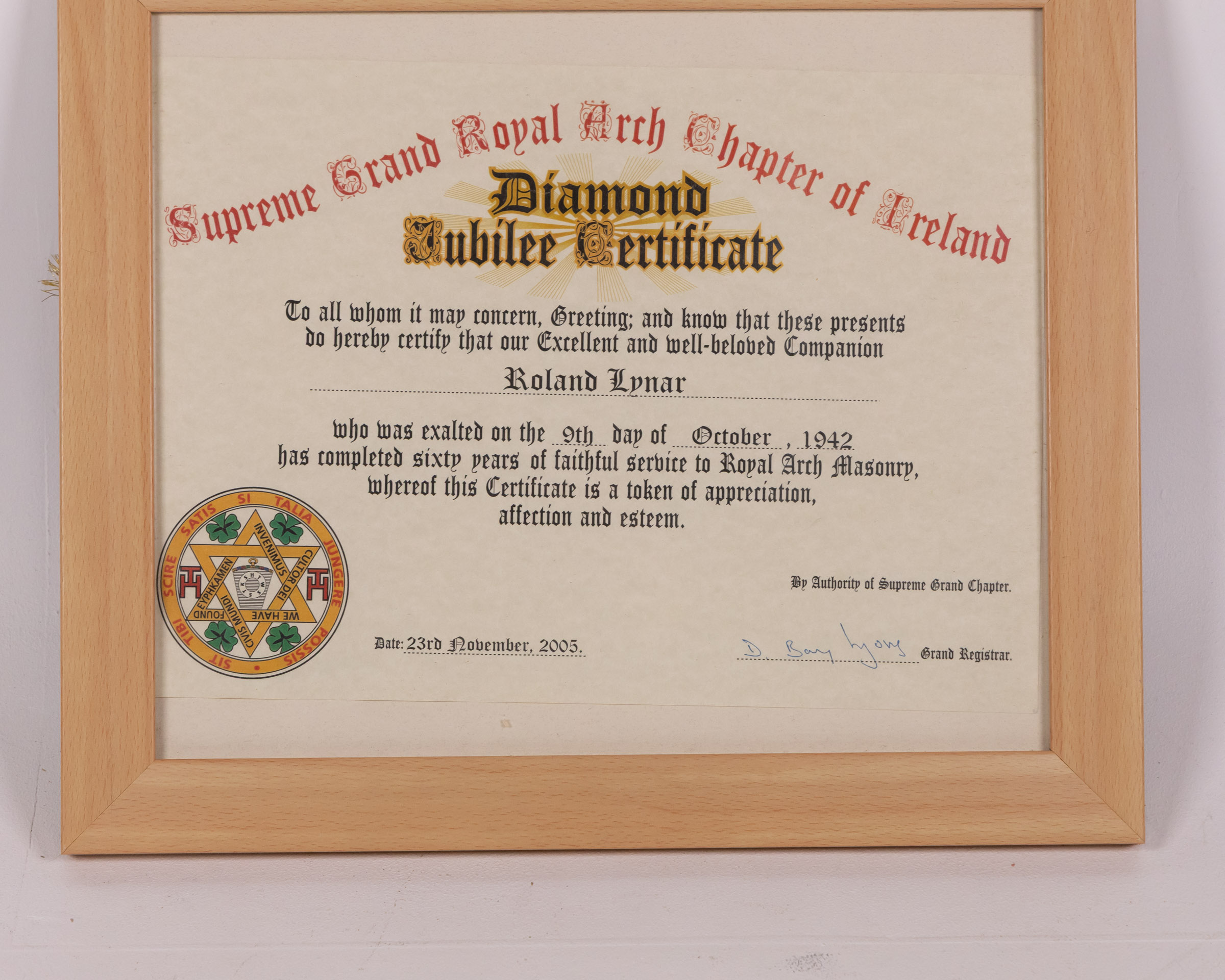 Framed Diamond Jubilee Certificate - Supreme Grand Royal Arch Chapter ...