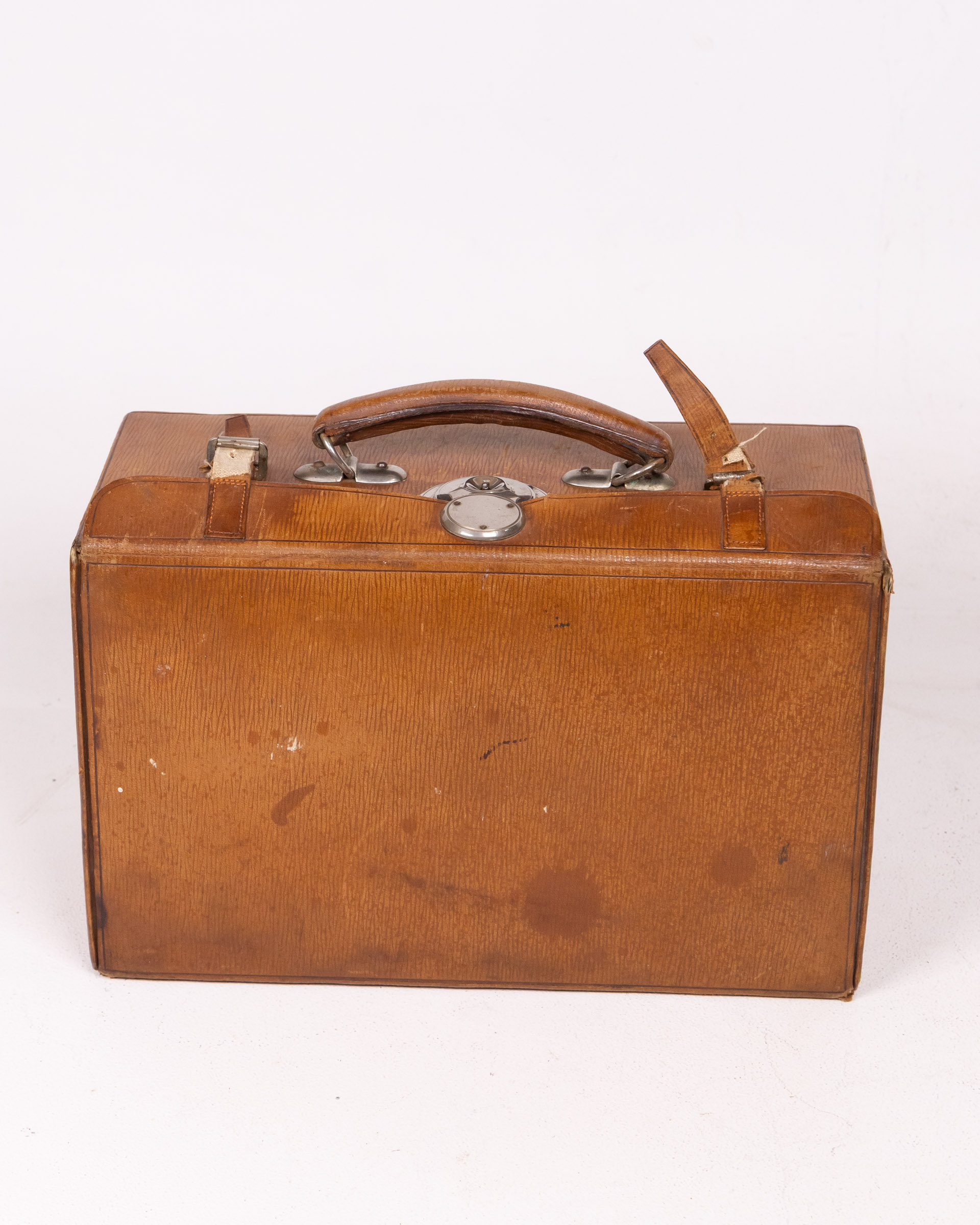 Vintage Brown Leather Vanity Case with Green Interior and Metal ...