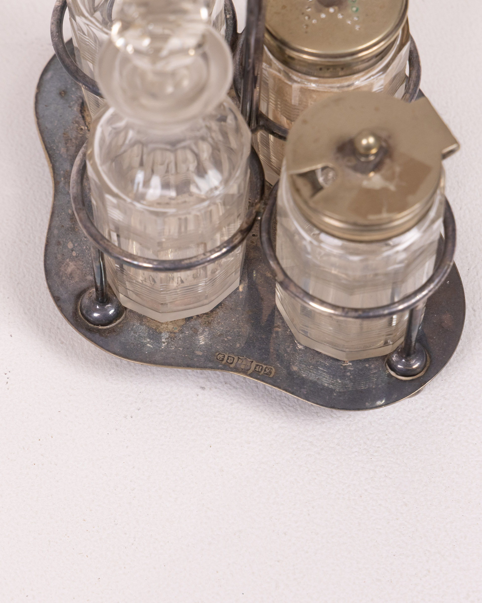 Vintage Silver Plated Condiment cruet Set with Crystal Stoppers & Glass ...