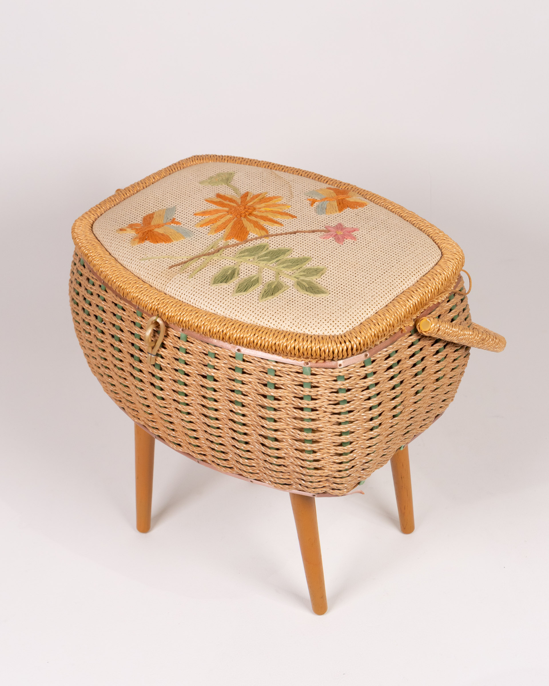 Vintage Wicker Sewing Basket Stand with Floral Embroidery - On The ...