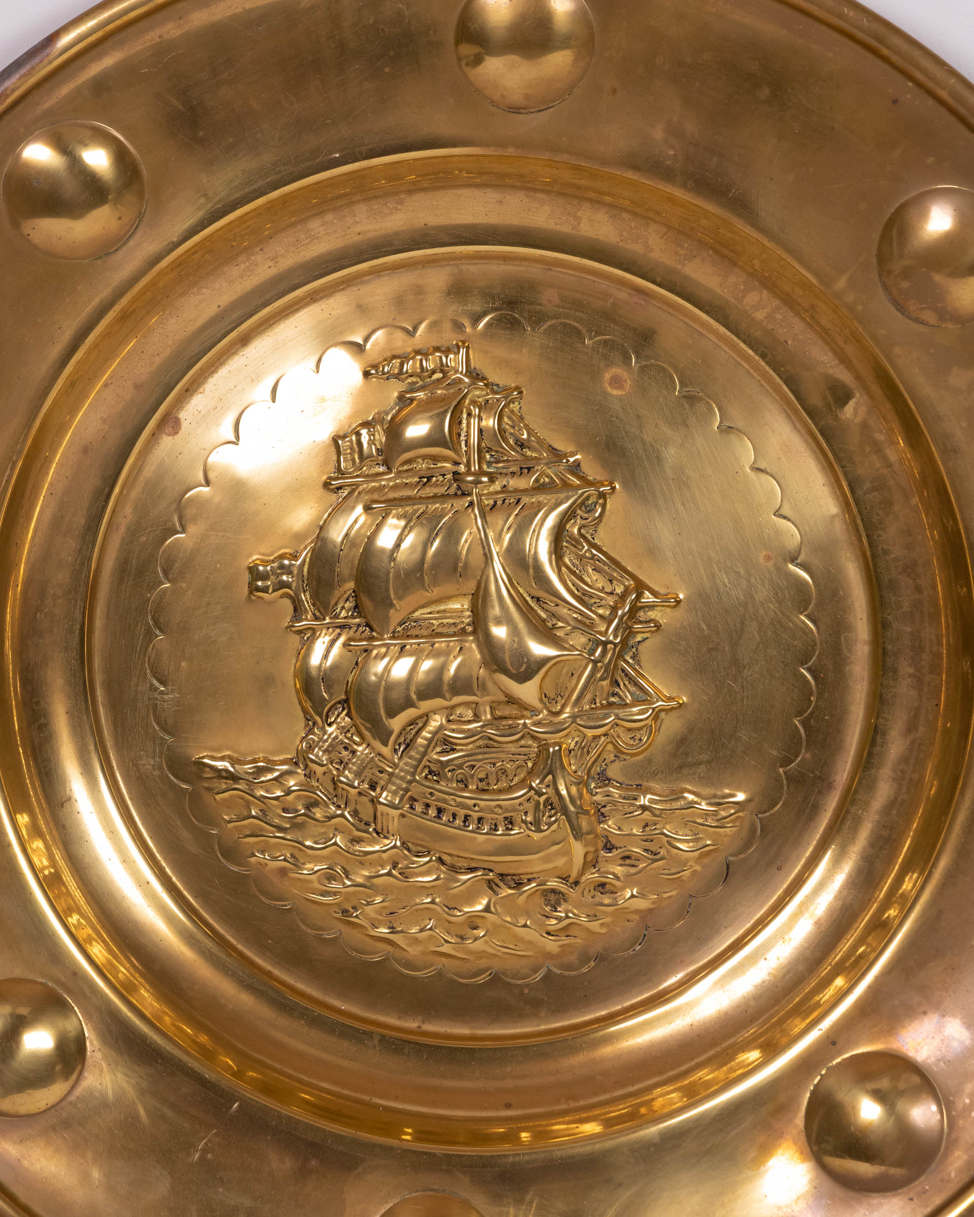 Vintage Brass Plate with Embossed Sailing Ship - On The Square Emporium