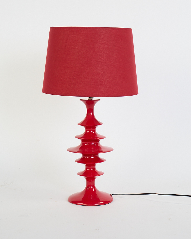 Mid Century Red Ceramic Table Lamp with Fabric Shade